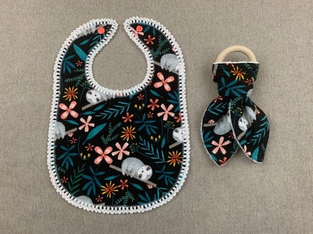 Baby Sloths Hemstitched Pre-washed Flannel Bib With Snap and Teether ...