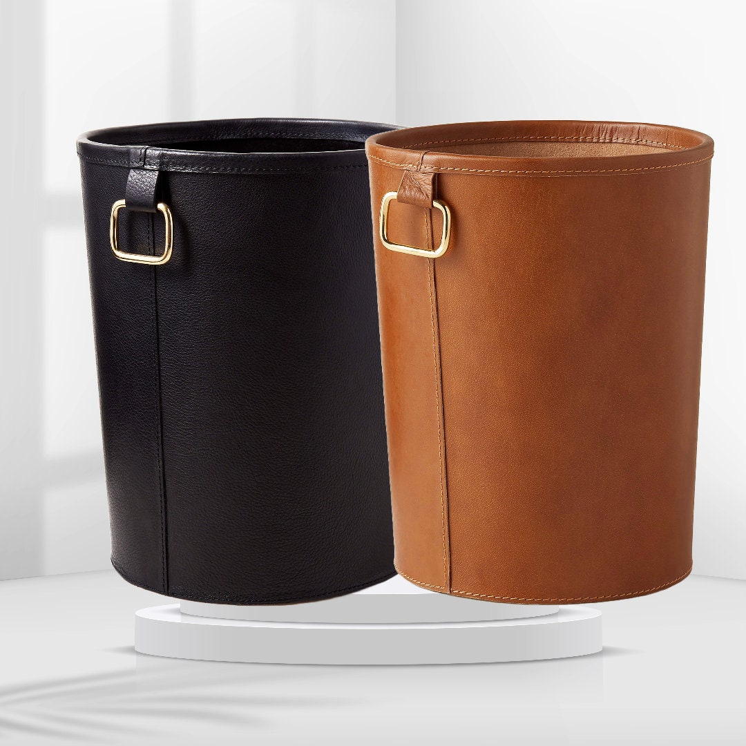 Shwaan Cylindrical Leather Trash Can Harness Leather Handmade Office ...