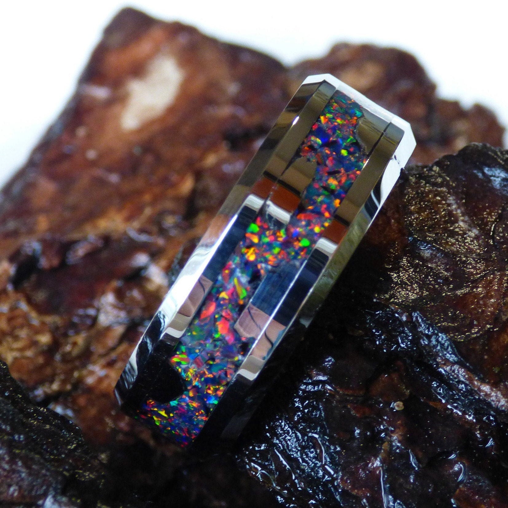 Black Opal Meteorite Tungsten Ring - Etsy UK