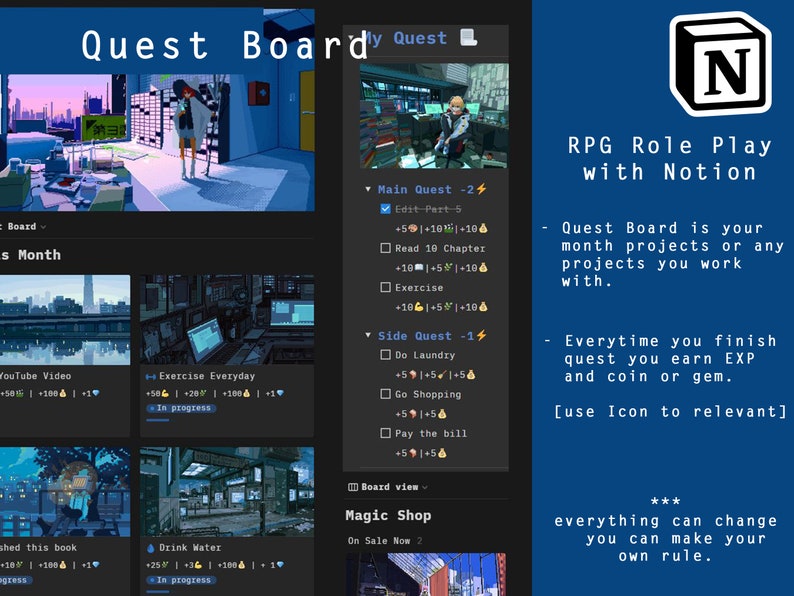 Dark Blue RPG Role Play Dark Mode Notion Template - Etsy