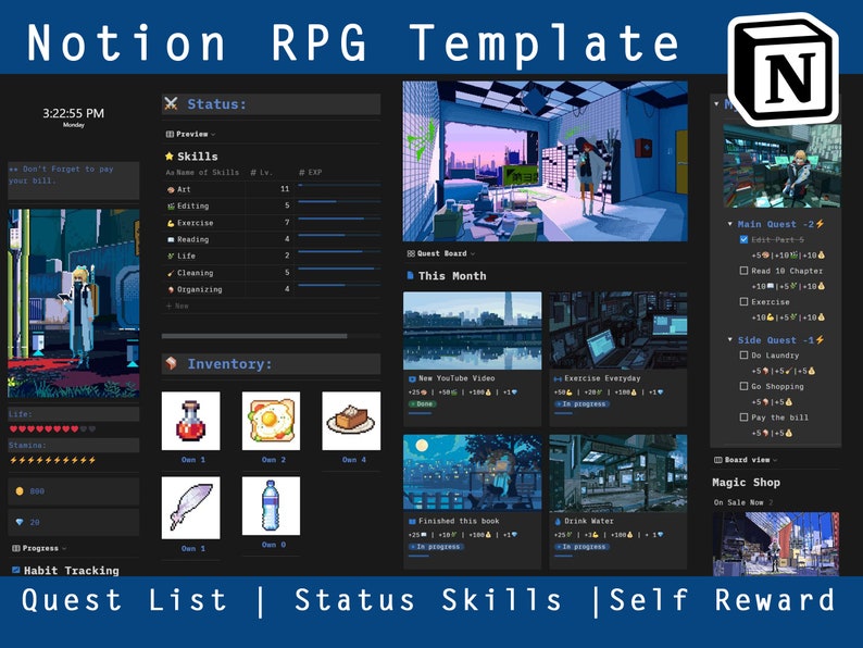 Dark Blue RPG Role Play Dark Mode Notion Template - Etsy