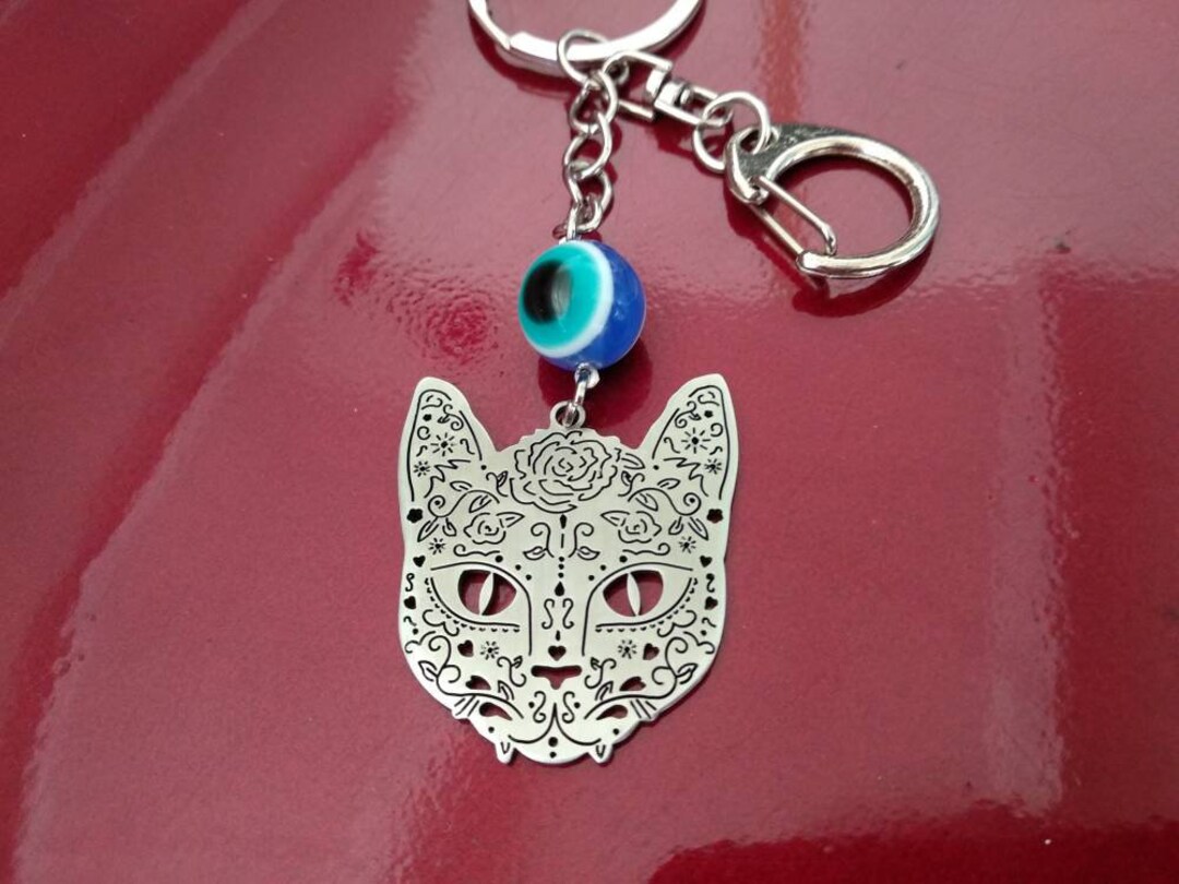 Flower Cat Keychain With Blue Evil Eye Bead Protection, Laser Cut ...