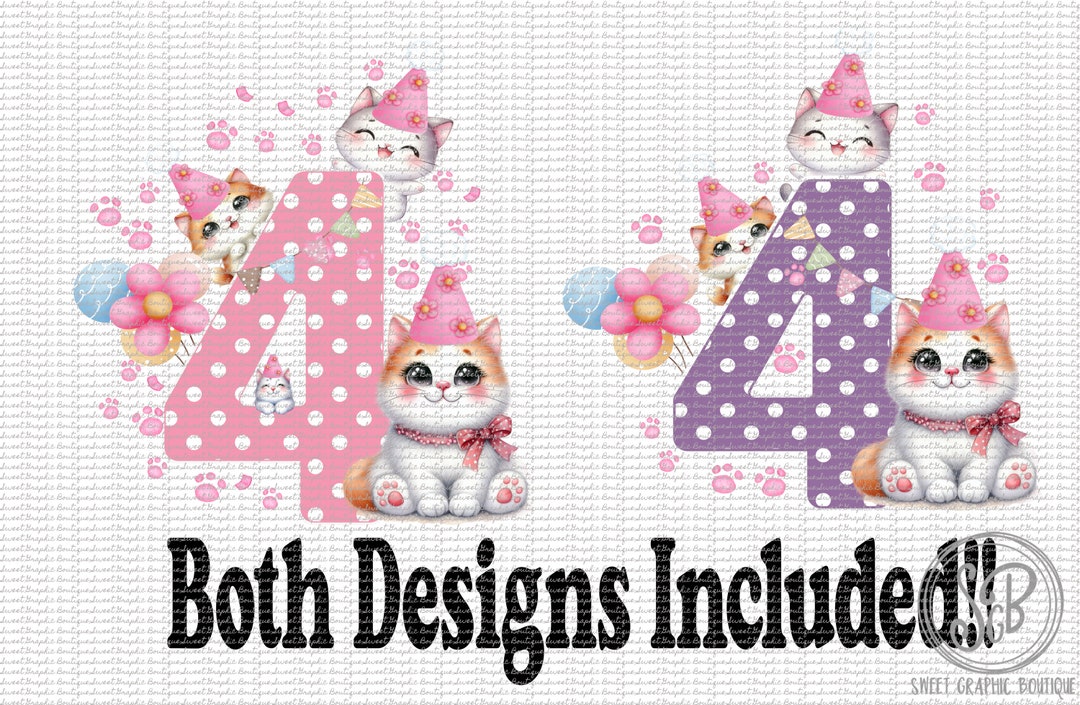 4th Birthday Cat Girl Birthday Sublimation Design Polka Dot Number Four ...