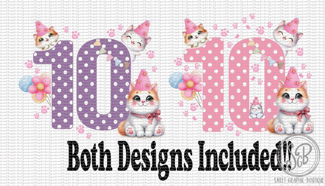 10th Birthday Cat Girl Birthday Sublimation Design Polka Dot Number Ten ...