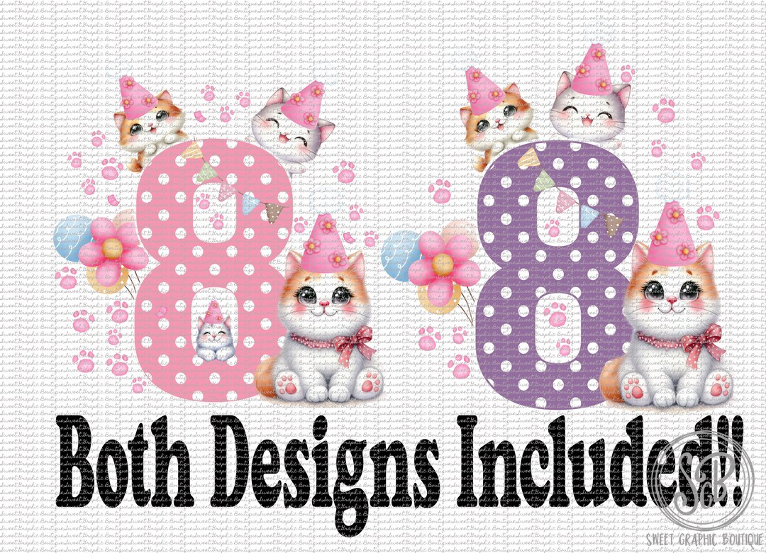 8th Birthday Cat Girl Birthday Sublimation Design Polka Dot Number ...