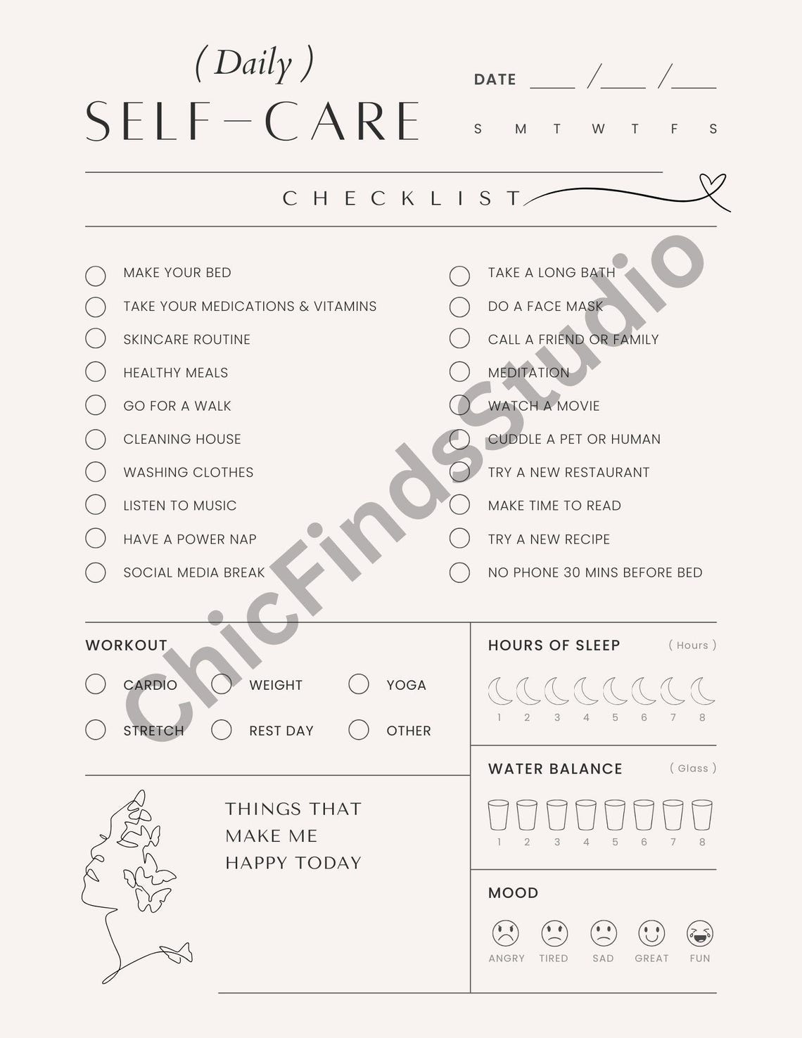Printable Daily Self-care Check List, Digital Daily Tasks List, Daily ...