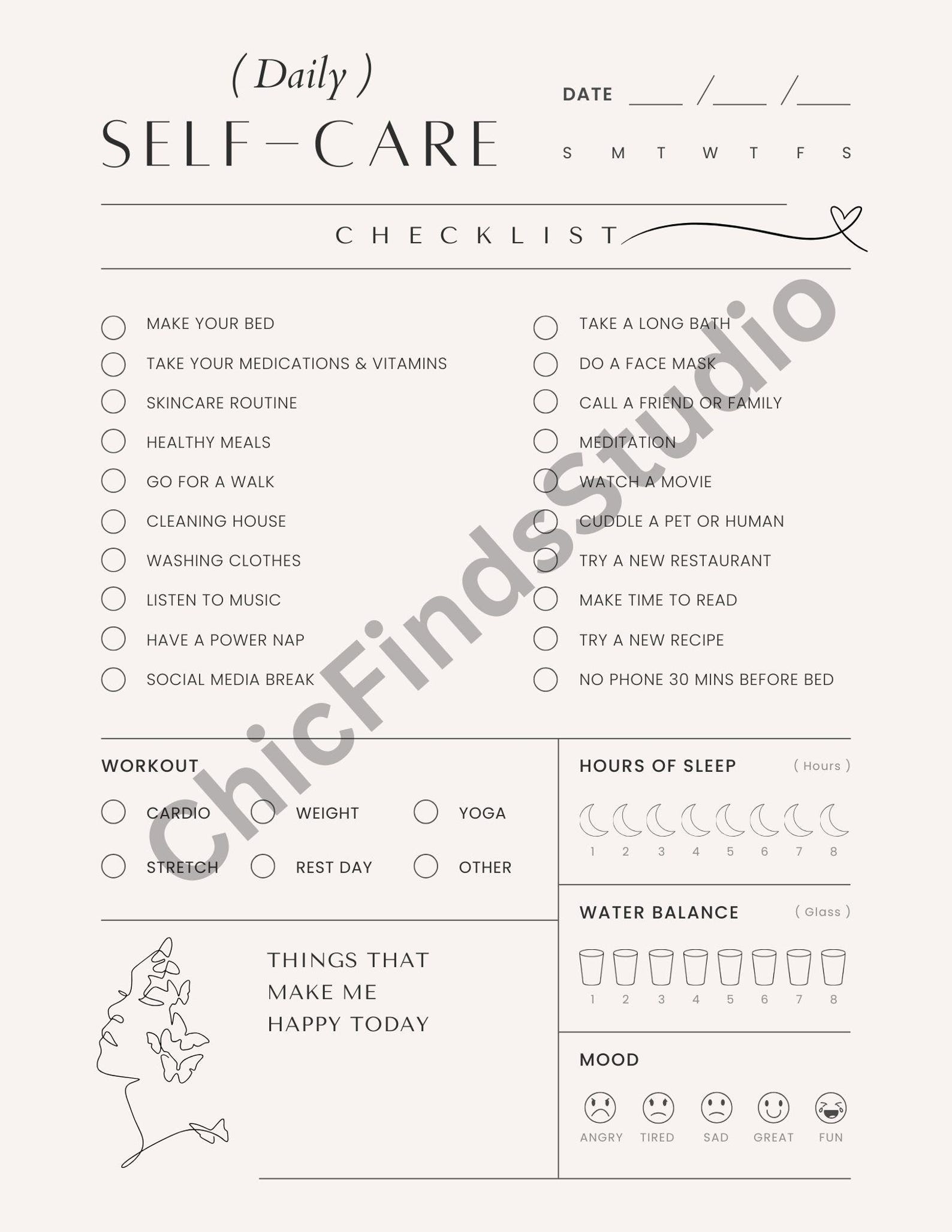 Printable Daily Self-care Check List, Digital Daily Tasks List, Daily ...