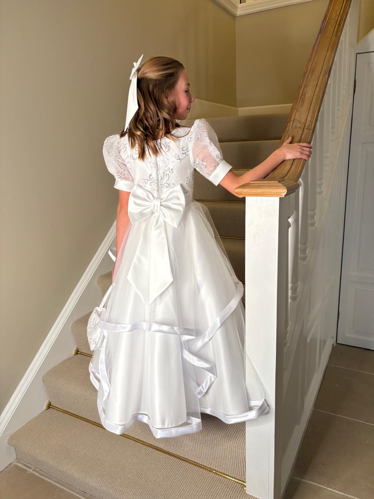White Satin Holy Communion Dress: Embroidered Bodice, Tulle Skirt, Bag ...
