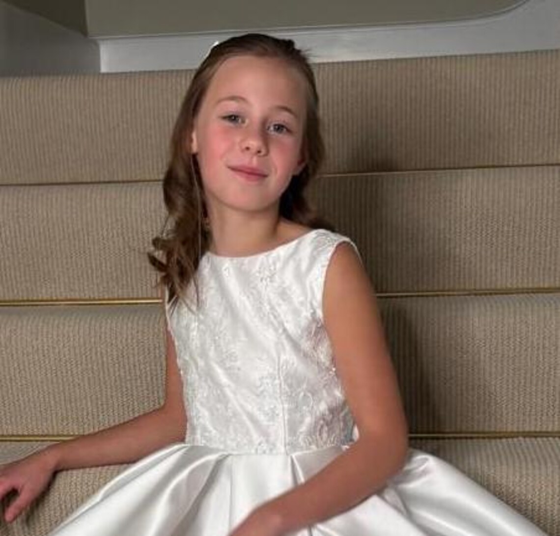 White Lace Holy Communion Dress: Satin Skirt, Bow & Bag - Etsy
