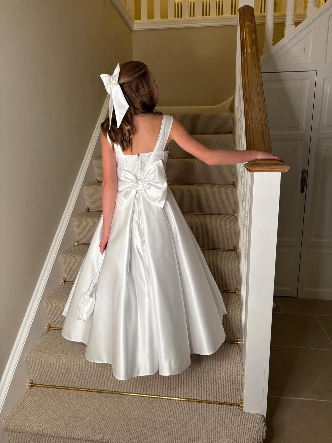 White Lace Holy Communion Dress: Satin Skirt, Bow & Bag - Etsy