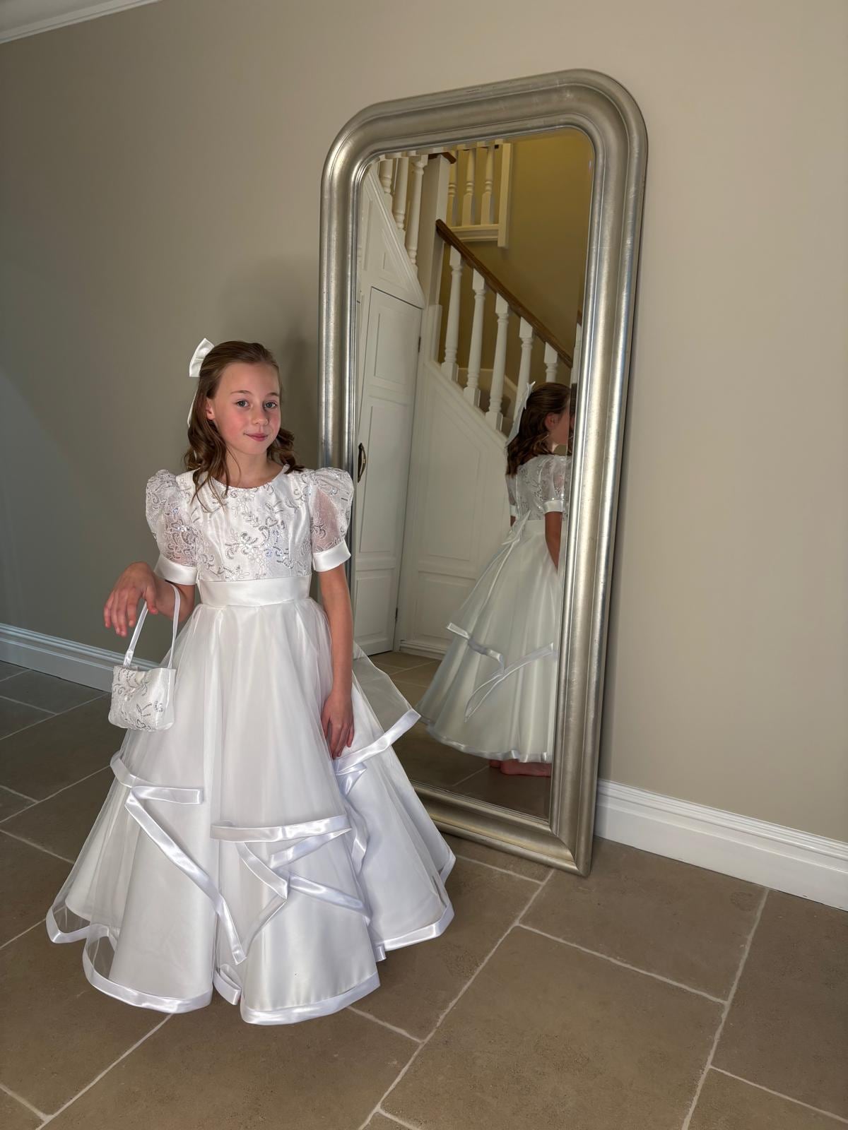 White Satin Holy Communion Dress: Embroidered Bodice, Tulle Skirt, Bag ...