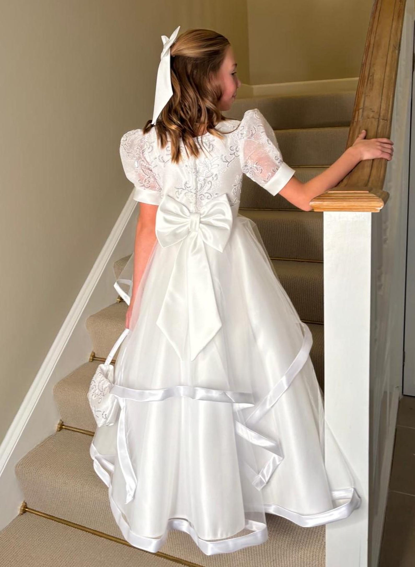 White Satin Holy Communion Dress: Embroidered Bodice, Tulle Skirt, Bag ...