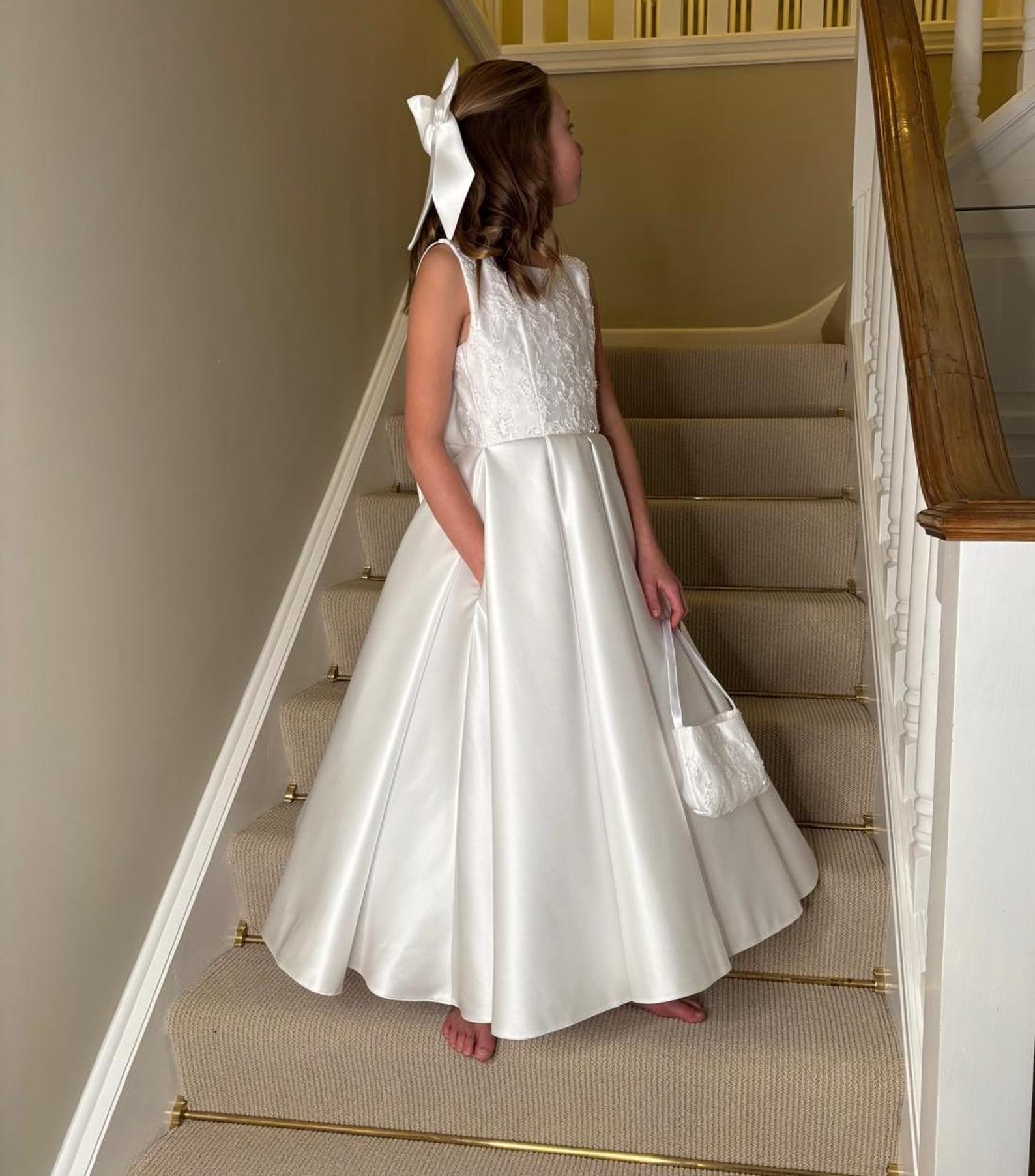 White Lace Holy Communion Dress: Satin Skirt, Bow & Bag - Etsy