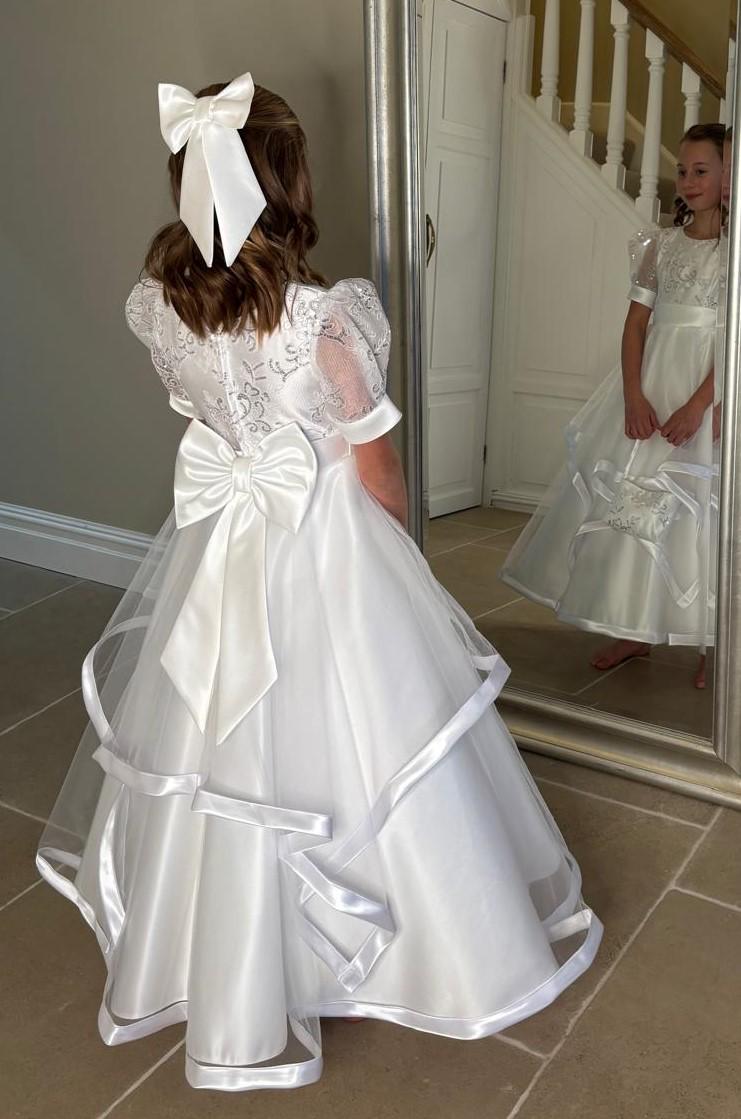 White Satin Holy Communion Dress: Embroidered Bodice, Tulle Skirt, Bag ...