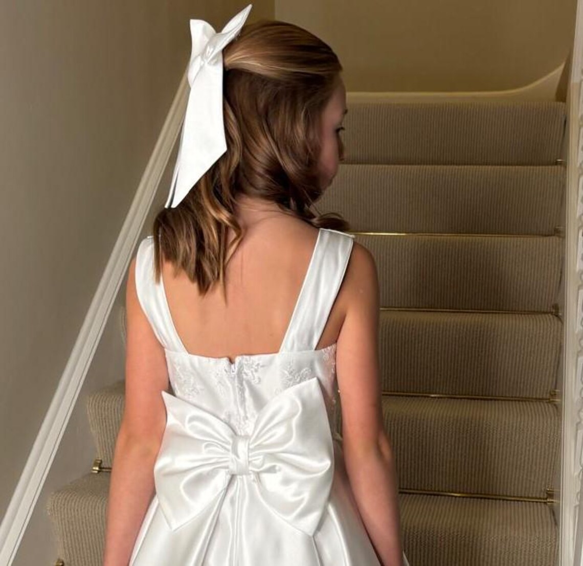 White Lace Holy Communion Dress: Satin Skirt, Bow & Bag - Etsy
