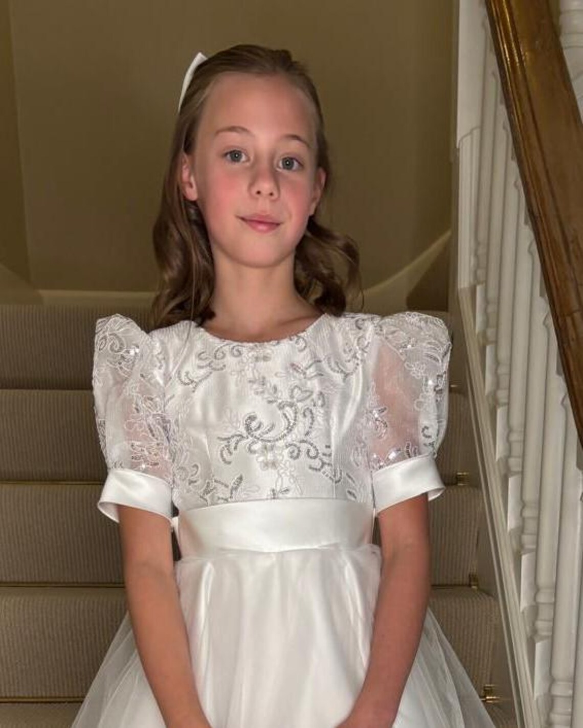 White Satin Holy Communion Dress: Embroidered Bodice, Tulle Skirt, Bag ...