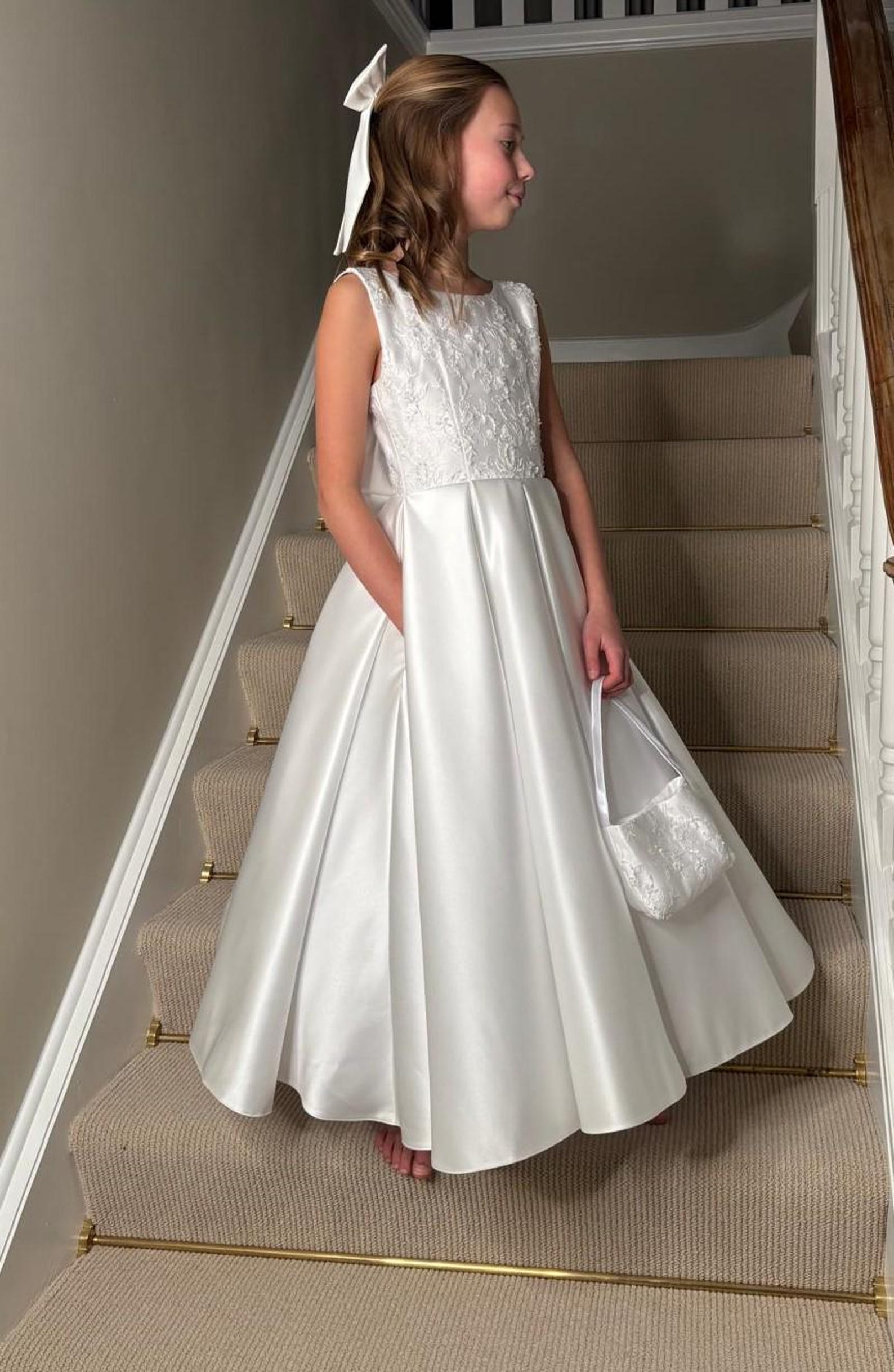 White Lace Holy Communion Dress: Satin Skirt, Bow & Bag - Etsy