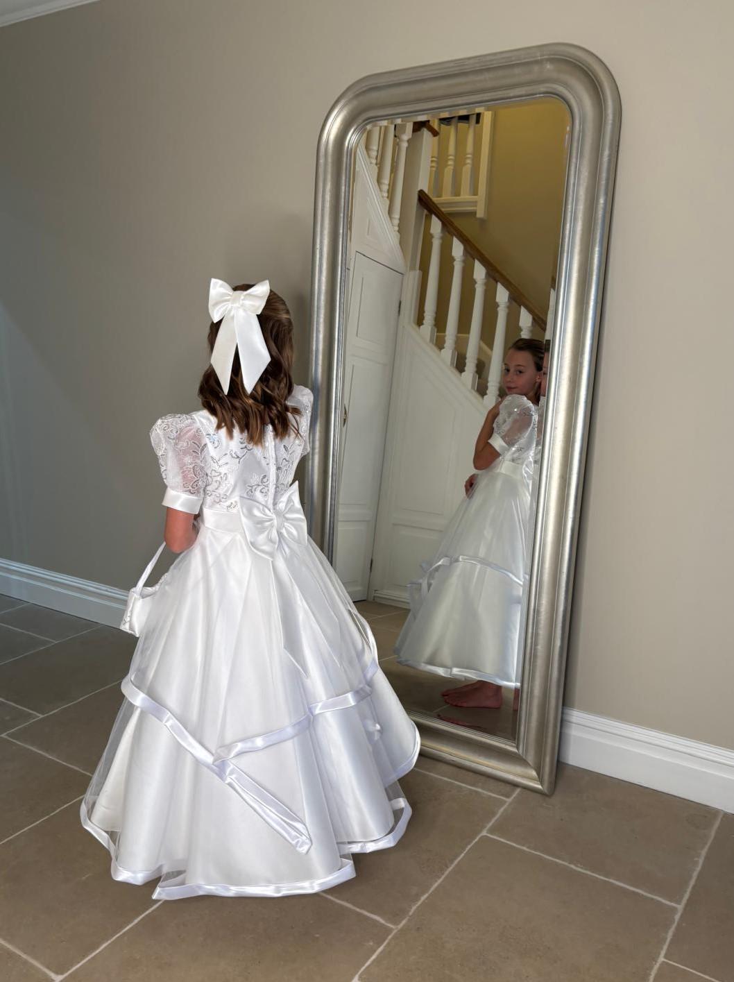 White Satin Holy Communion Dress: Embroidered Bodice, Tulle Skirt, Bag ...