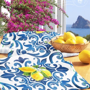 Amalfi Coast Table Runner: Italian Blue Tiles and Lemons, 90'' × 16 ...