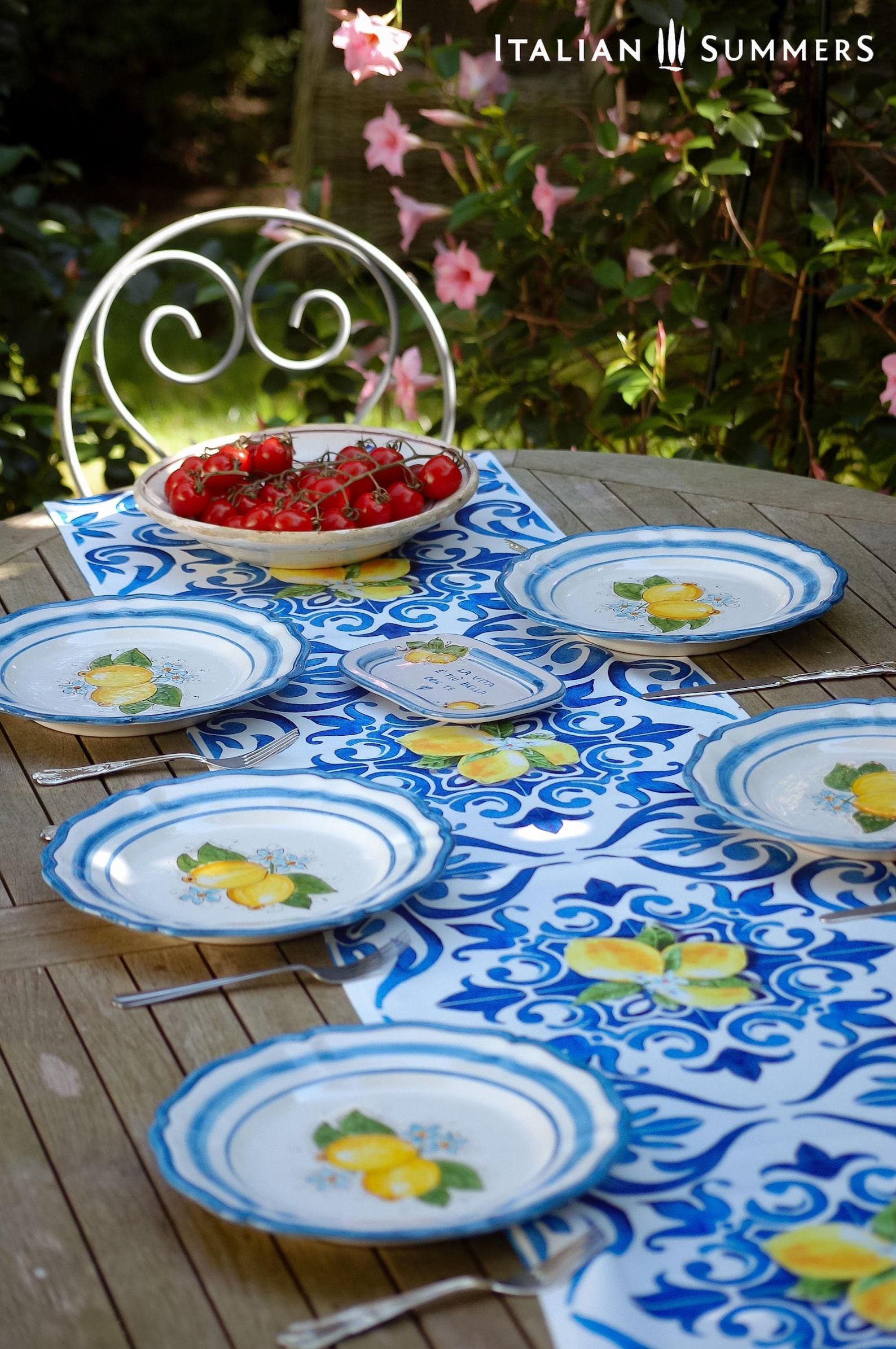 Amalfi Coast Table Runner: Italian Blue Tiles and Lemons, 90'' × 16 ...