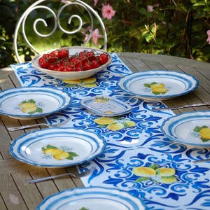 Amalfi Coast Table Runner: Italian Blue Tiles and Lemons, 90'' × 16 ...