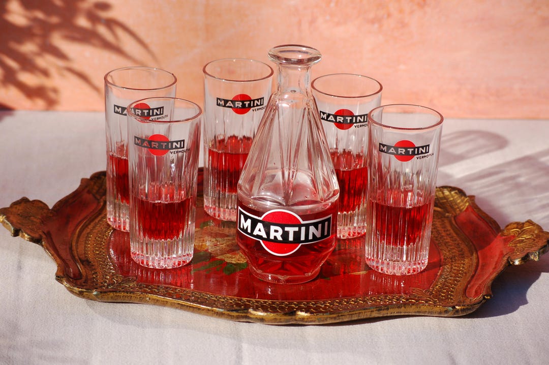 Vintage 1960s Martini SIX Glasses and Carafe, Aperitivo Glass, Martini ...