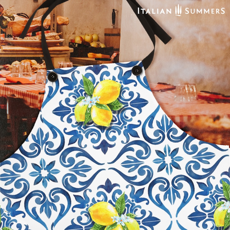 Apron Blue Tiles and Amalfi Lemons Italy Apron Italian - Etsy