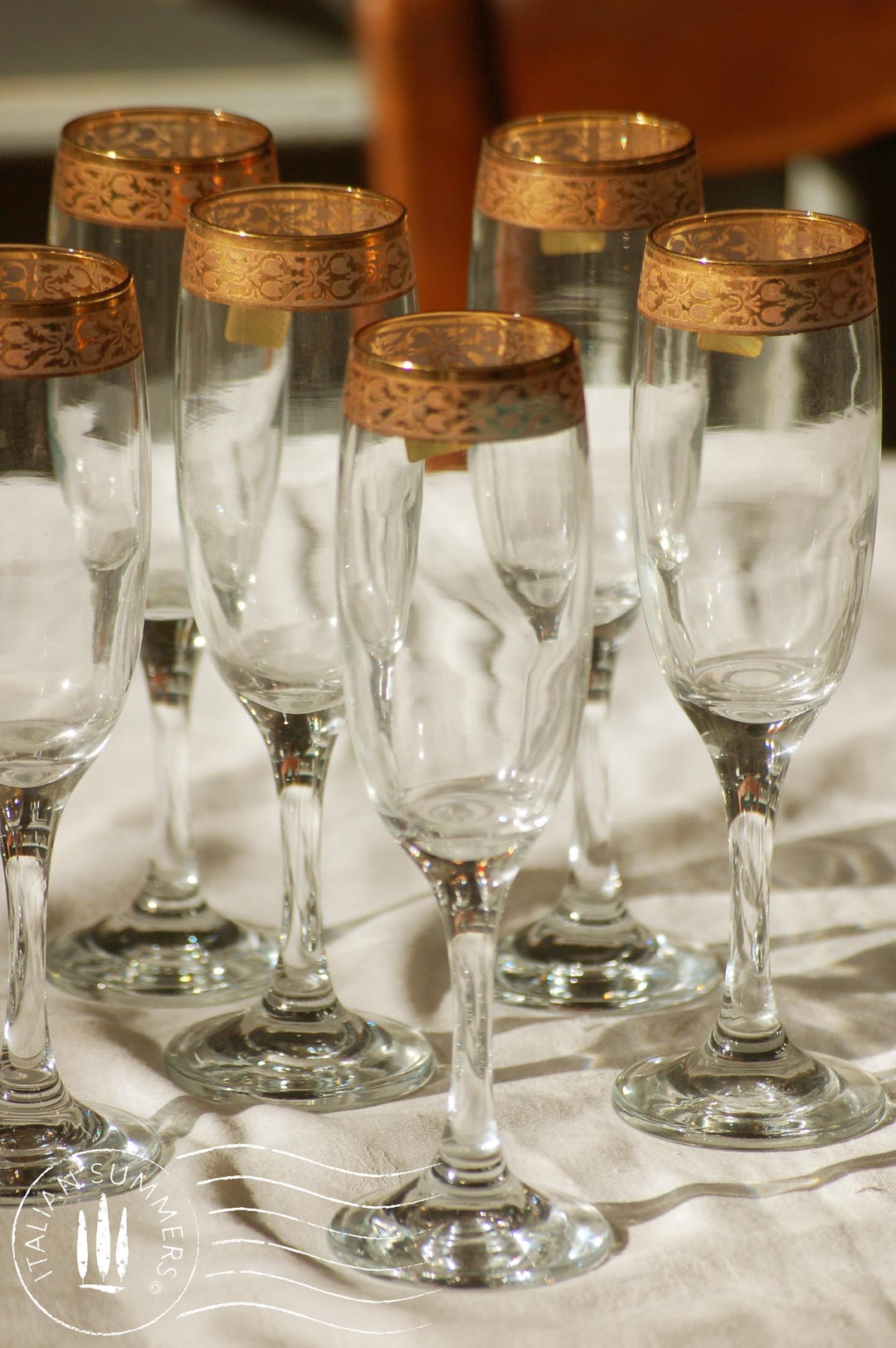 Italian Champagne Flutes Set of 6 Vintage 1970s, Gold Rim Christal ...