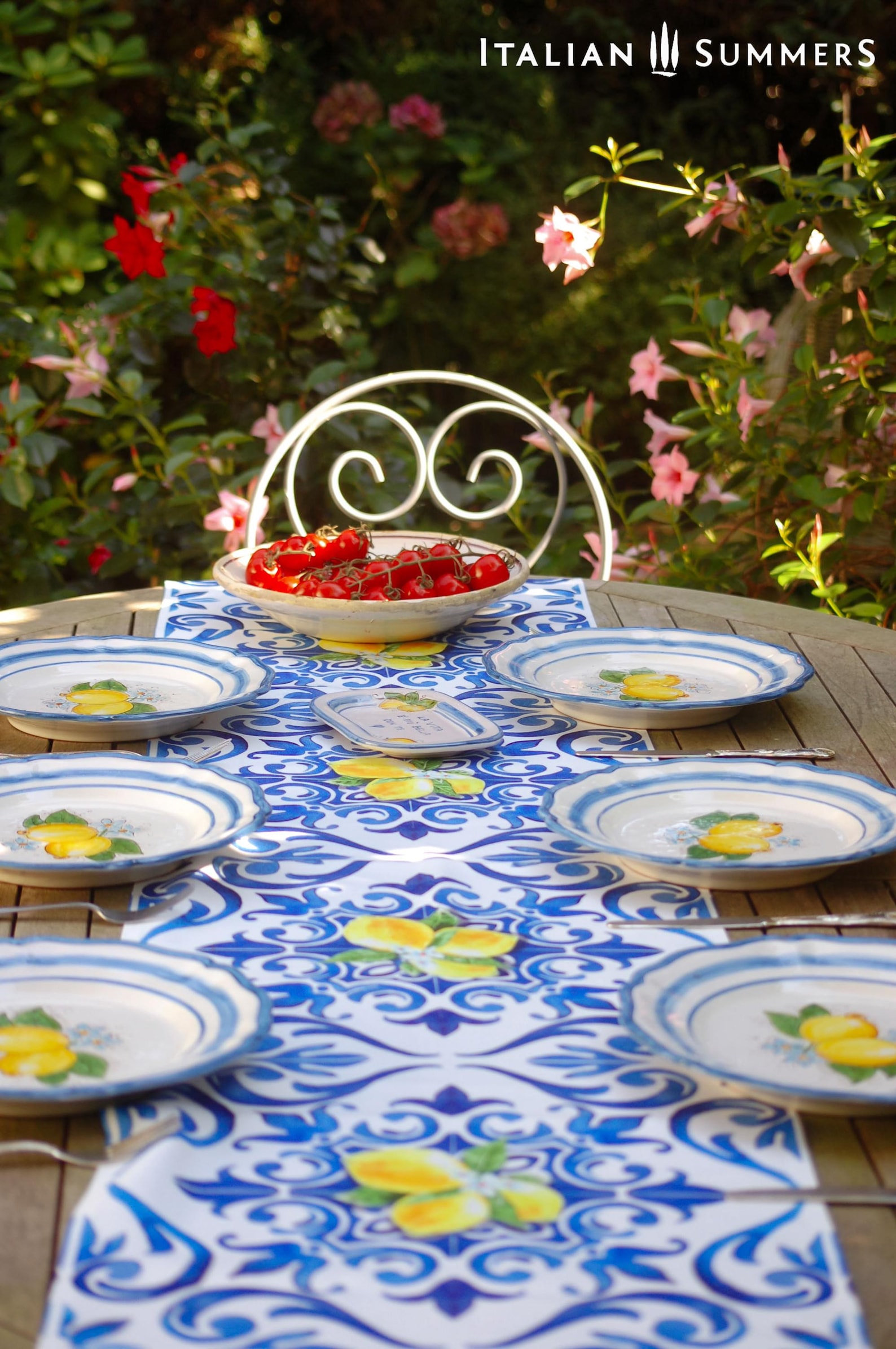 Amalfi Coast Table Runner: Italian Blue Tiles and Lemons, 90'' × 16 ...