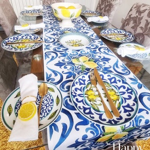 Amalfi Coast Table Runner: Italian Blue Tiles and Lemons, 90'' × 16 ...
