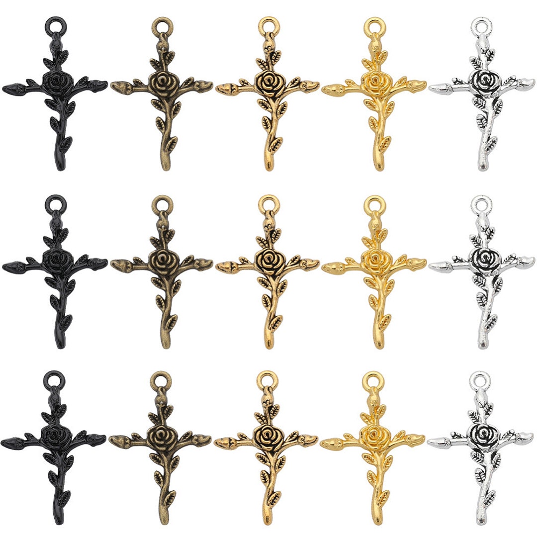 10 Choice of Color Metal Alloy Cross W/rose Charms 34.5x23mm (b89c-f ...