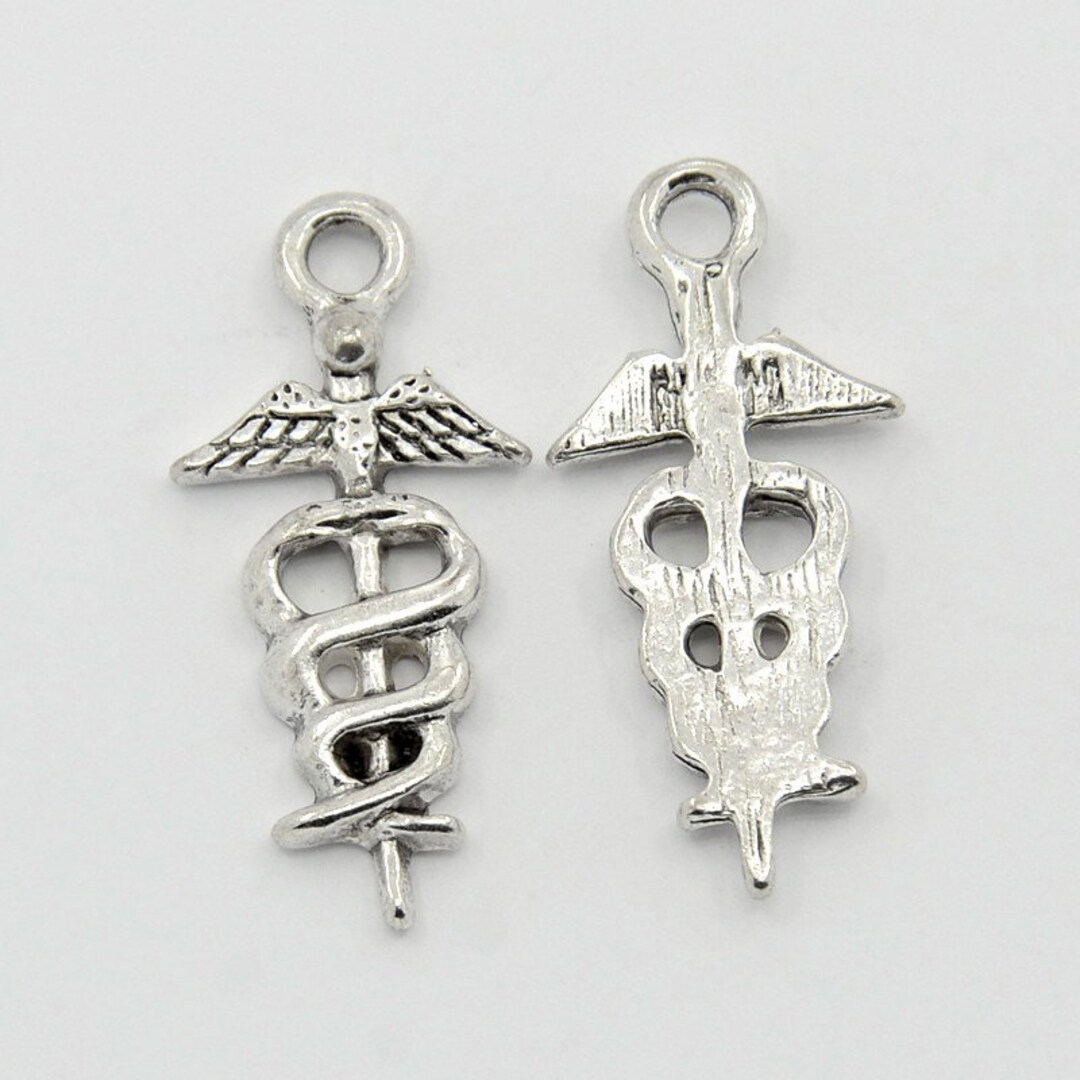 10 Antique Silver Metal Alloy Caduceus Symbol Charms 26 X 12mm (b37d ...