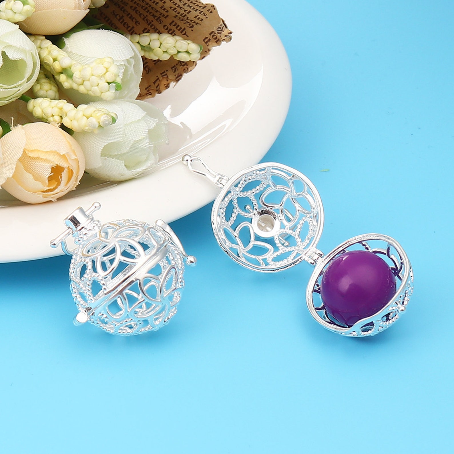 1 Silver Plated Prayer Box/caller Ball Pendant Round Fits 18-20mm Bead ...