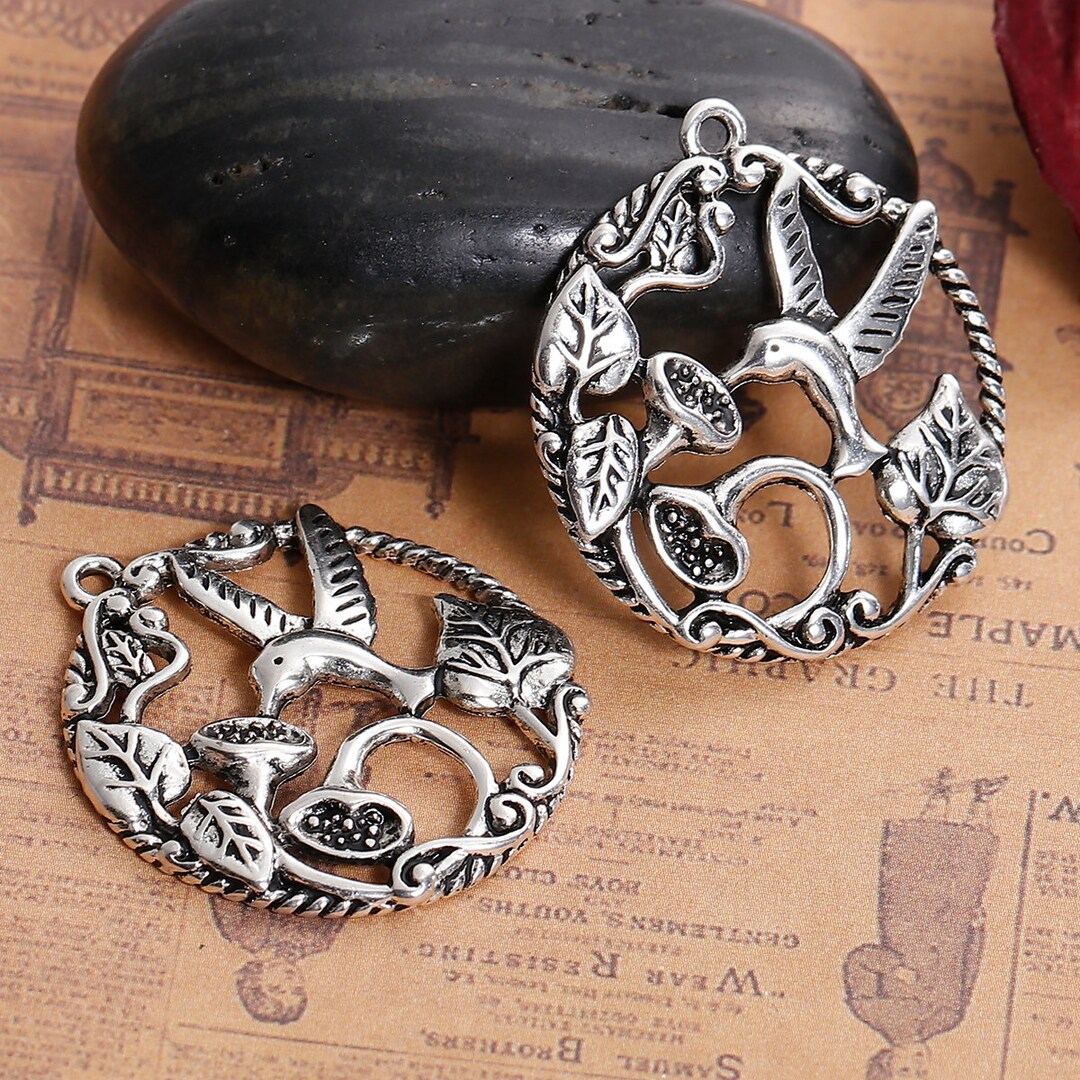 2 Antique Silver Tone Metal Alloy Hummingbird Pendants 34x30mm (b50j ...