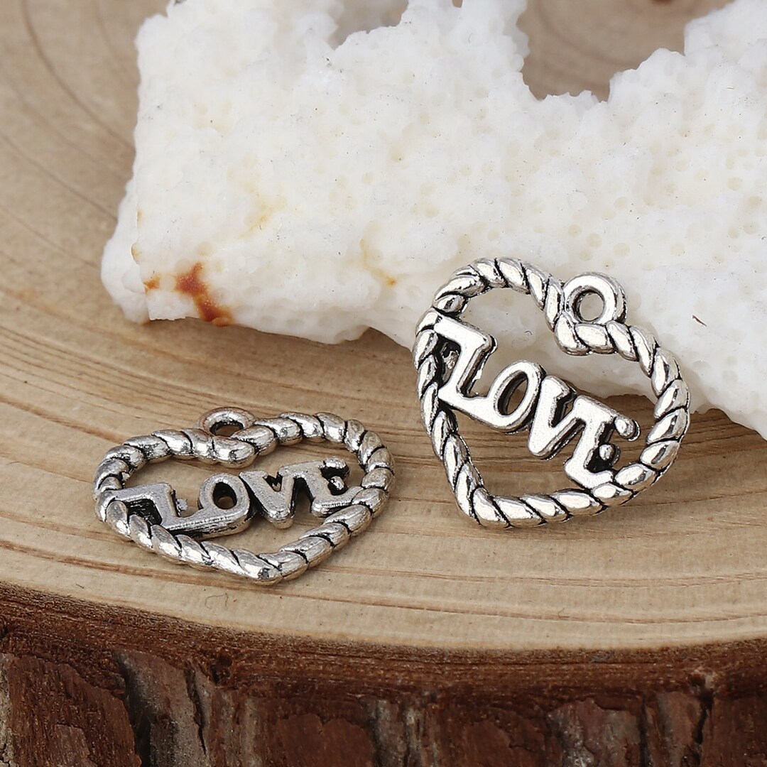 10 Antique Silver Metal Alloy Hearts W/ "love" Charm/pendants 15x14mm ...