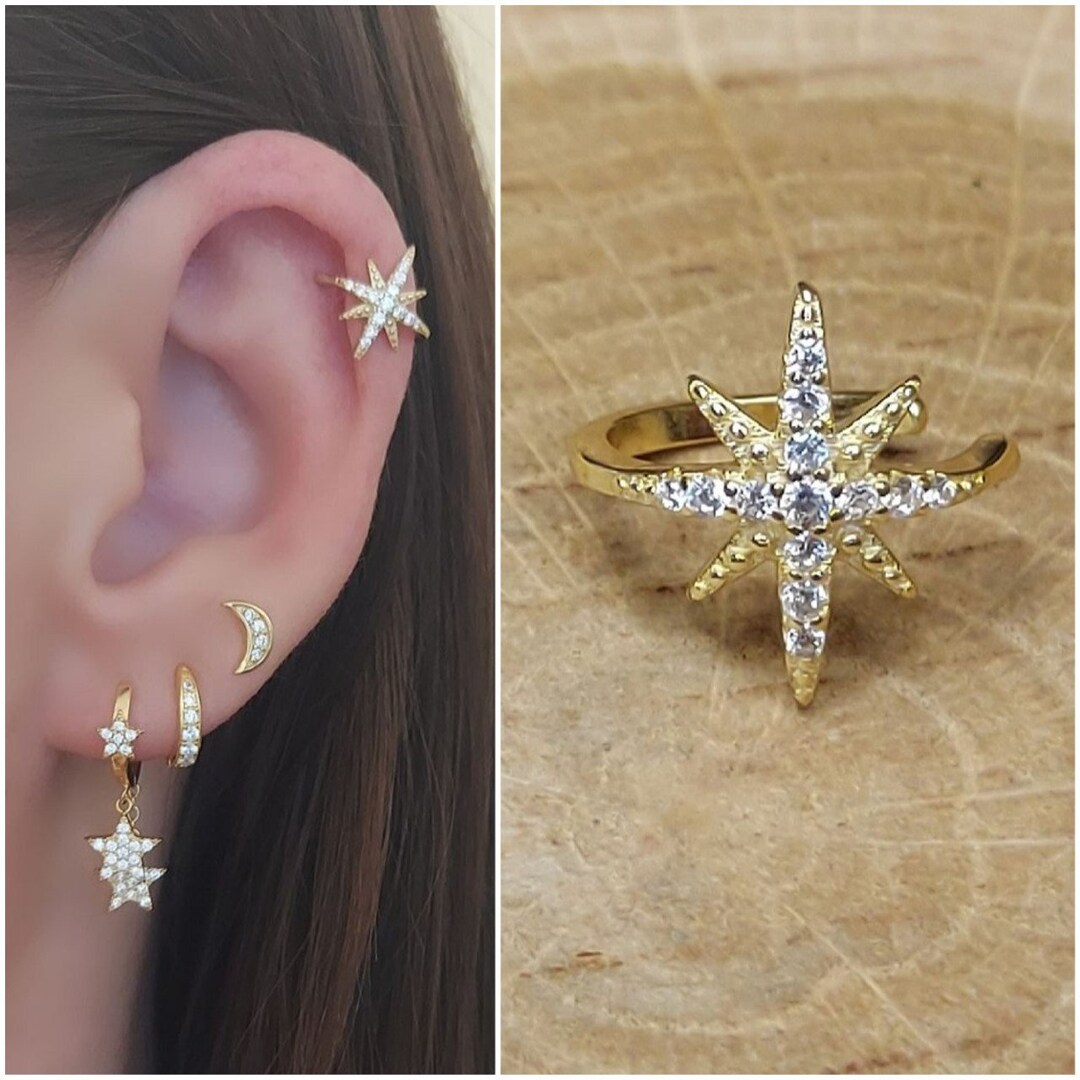 Cubic Zirconia Star Ear Cuff , 925 Sterling Silver , 18 Carat Gold ...
