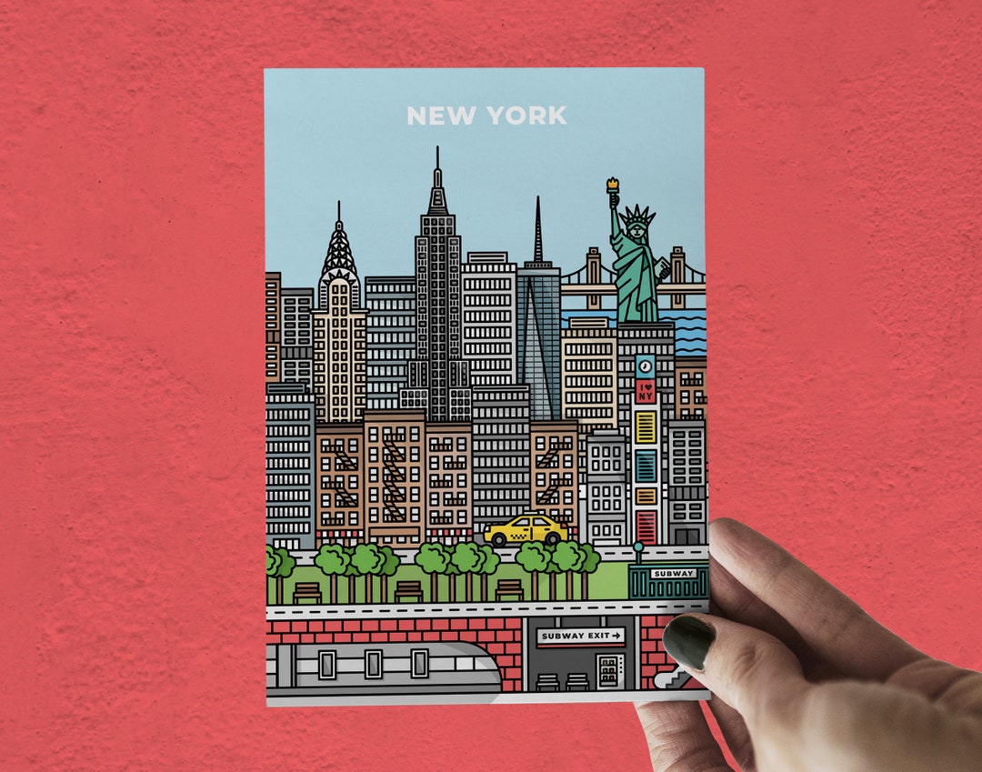 New York City Post Card Artwork Landmark Holiday NYC - Etsy