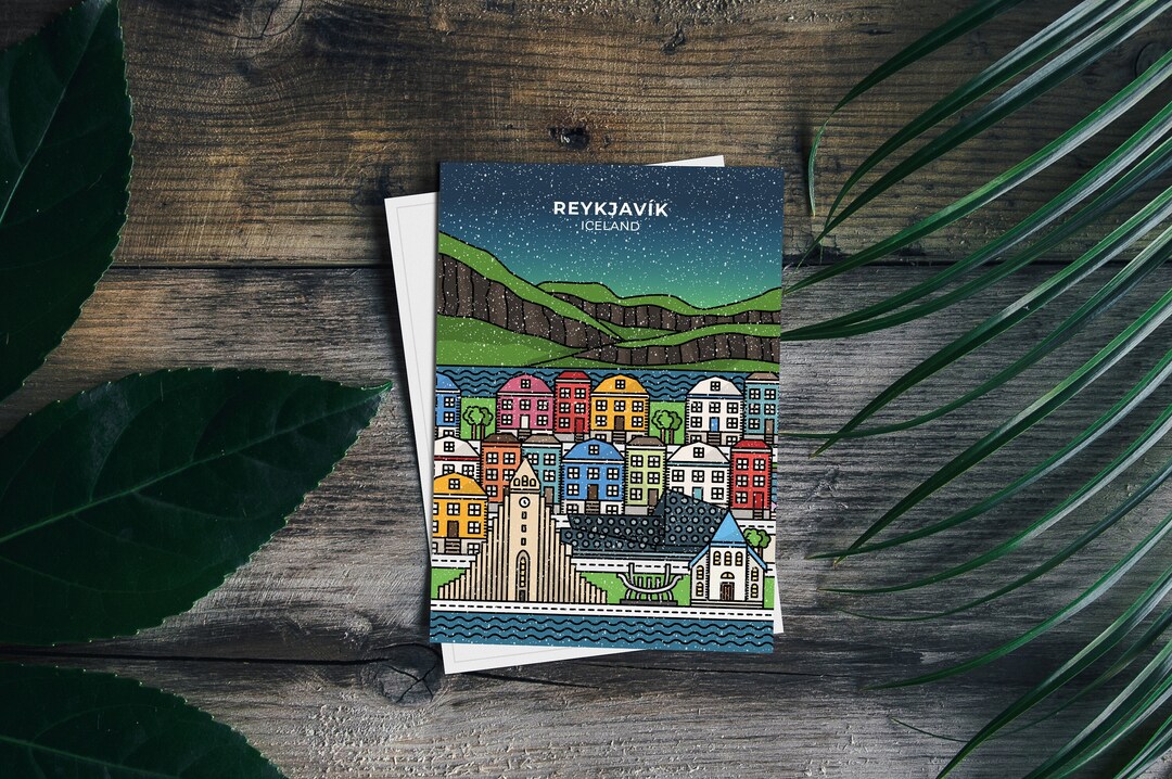 Reykjavik Iceland Northern Lights Illustrated Postcard - Etsy