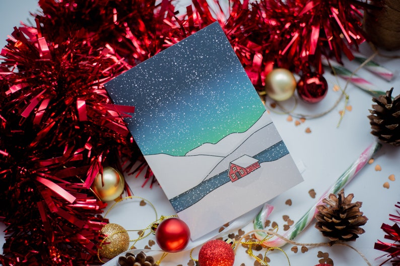 Snowy Northern Lights Nordic Iceland Christmas Greeting Card - Etsy
