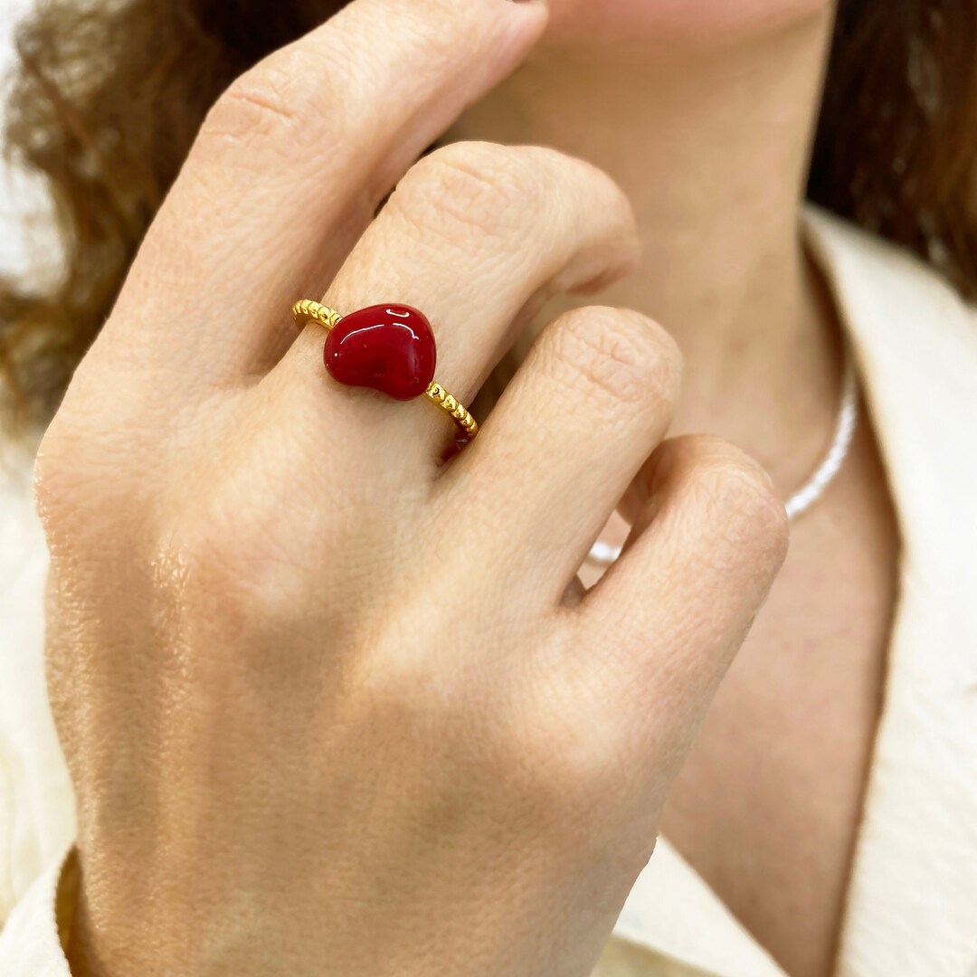 Red Heart Ring, Red Enamel Ring, Romantic Ring, Adjustable Ring, Shiny ...