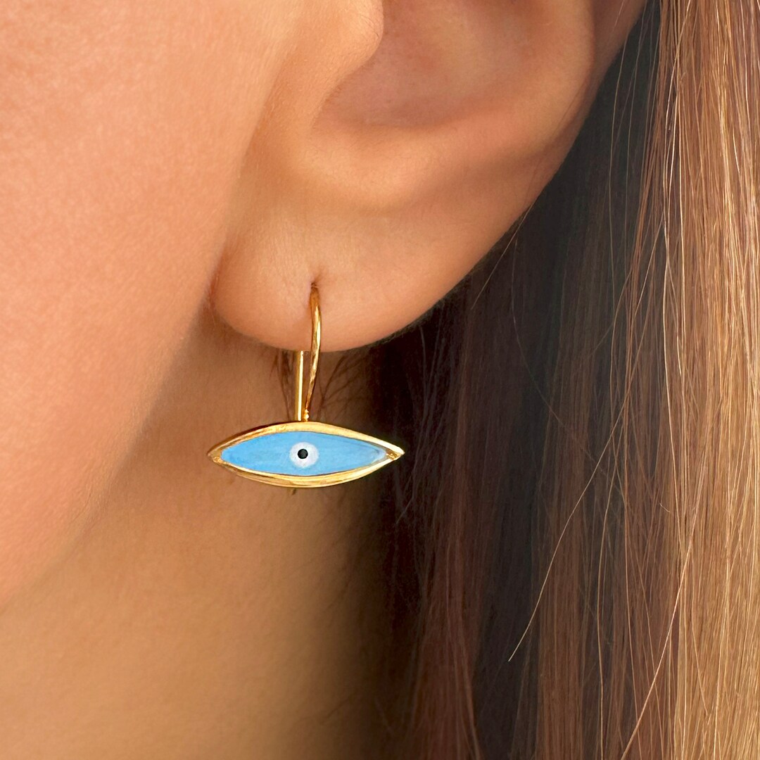 Light Blue Evil Eye Earrings, Oval Evil Eye Drop Hooks, Greek Evil Eye ...
