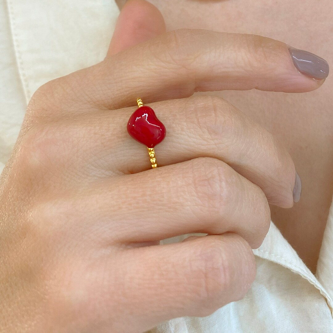 Red Heart Ring, Chunky Heart Ring, Red Enamel Ring, Romantic Adjustable Ring, Birthday Gifts ...