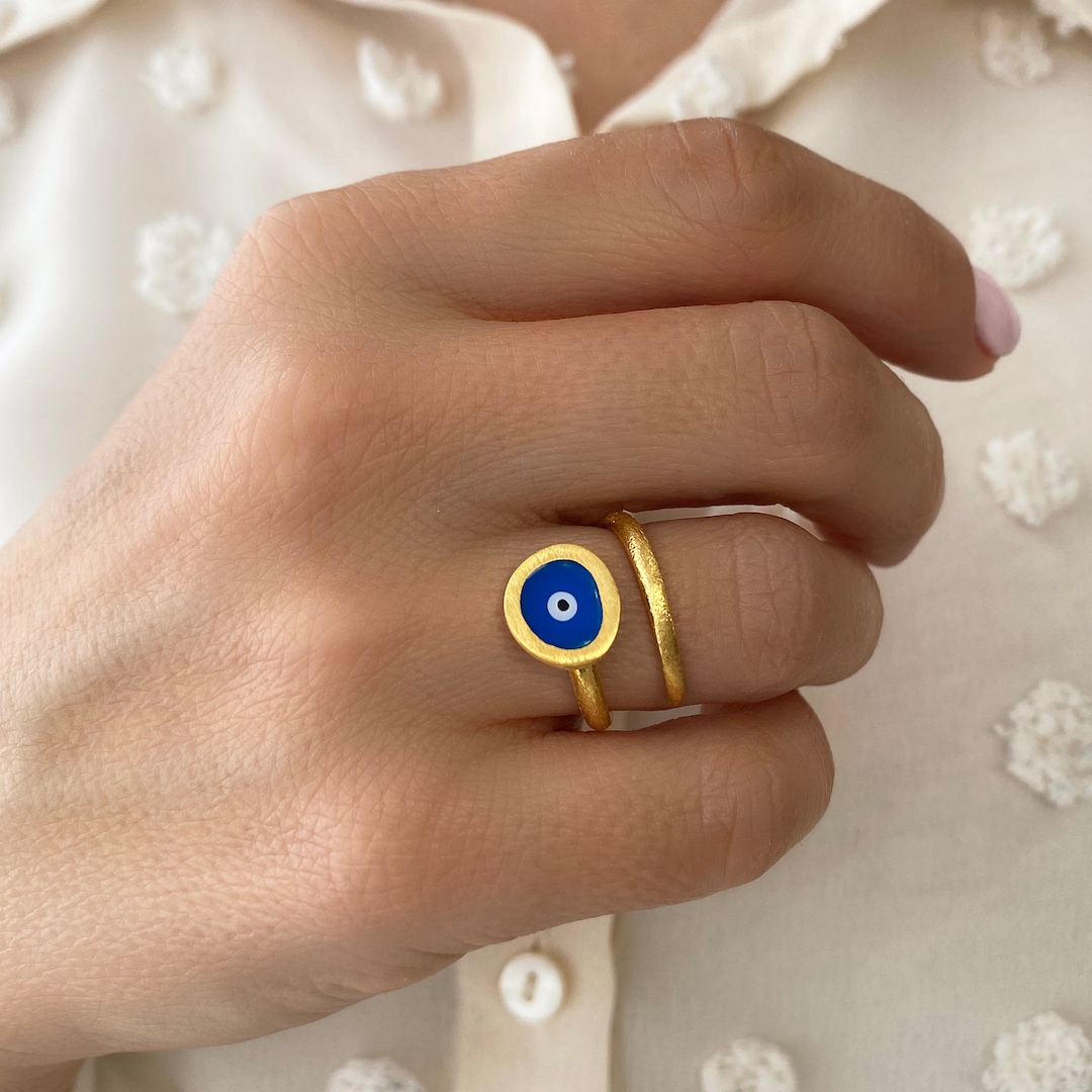 Gold Evil Eye Ring, Chunky Gold Ring, Chevalier Ring, Good Luck Ring, Positivity Ring, Mothers ...