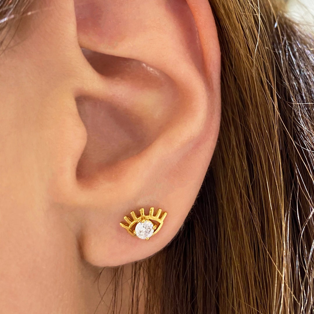 Dainty Evil Eye Stud Earrings, Evil Eye Gold Studs, Evil Eye Earrings, Protection Earrings, Tiny ...