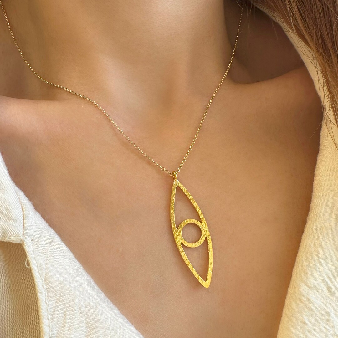 Good Luck Necklace, Long Gold Greek Evil Eye Pendant for Good Energy ...