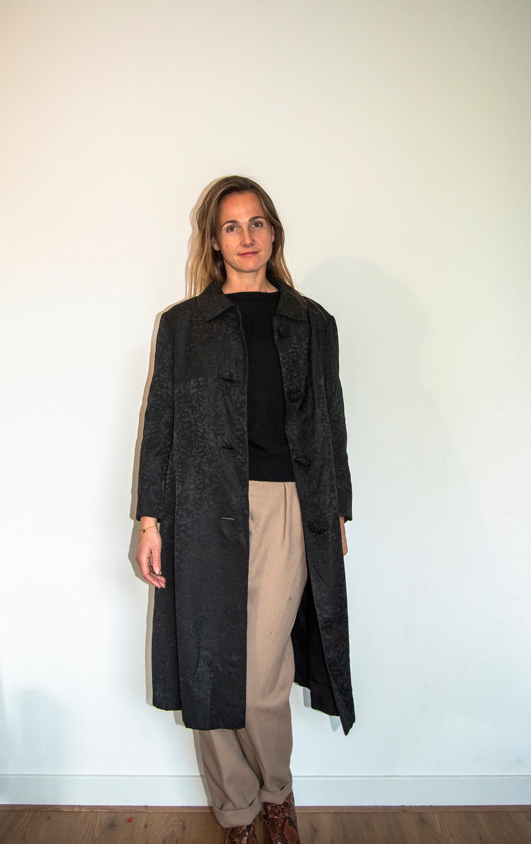 Vintage 1950s Black Print Long Coat With Silver Thread - Floral Button ...