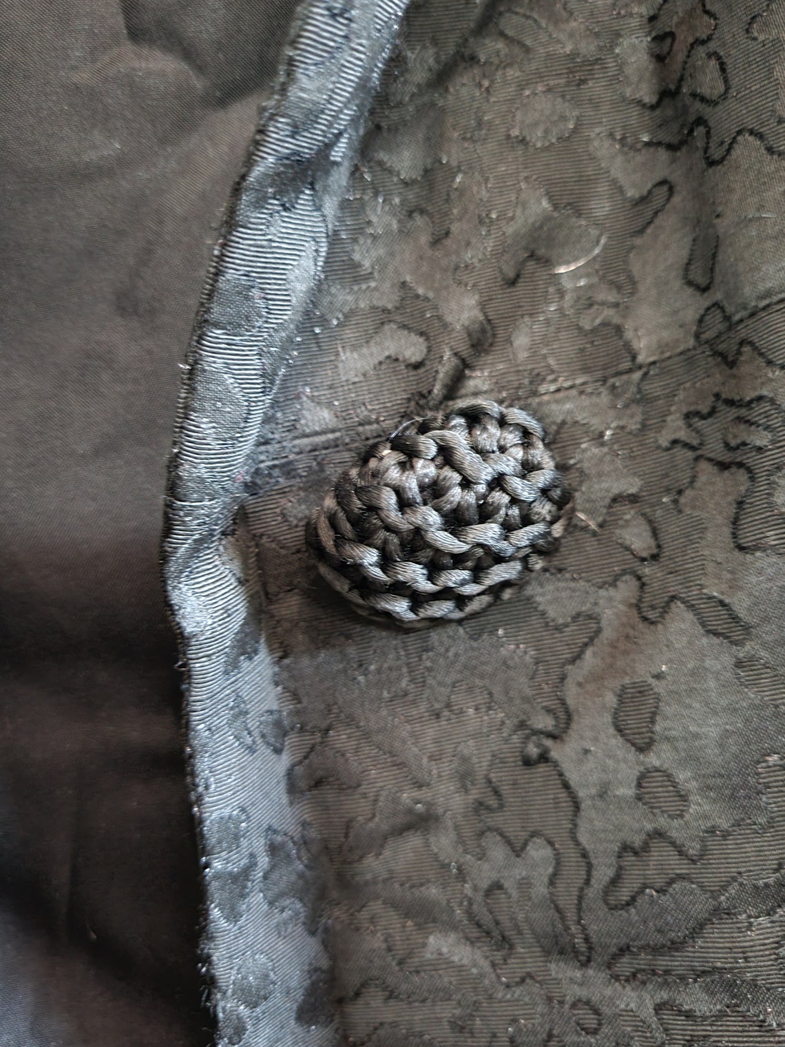 Vintage 1950s Black Print Long Coat With Silver Thread - Floral Button ...