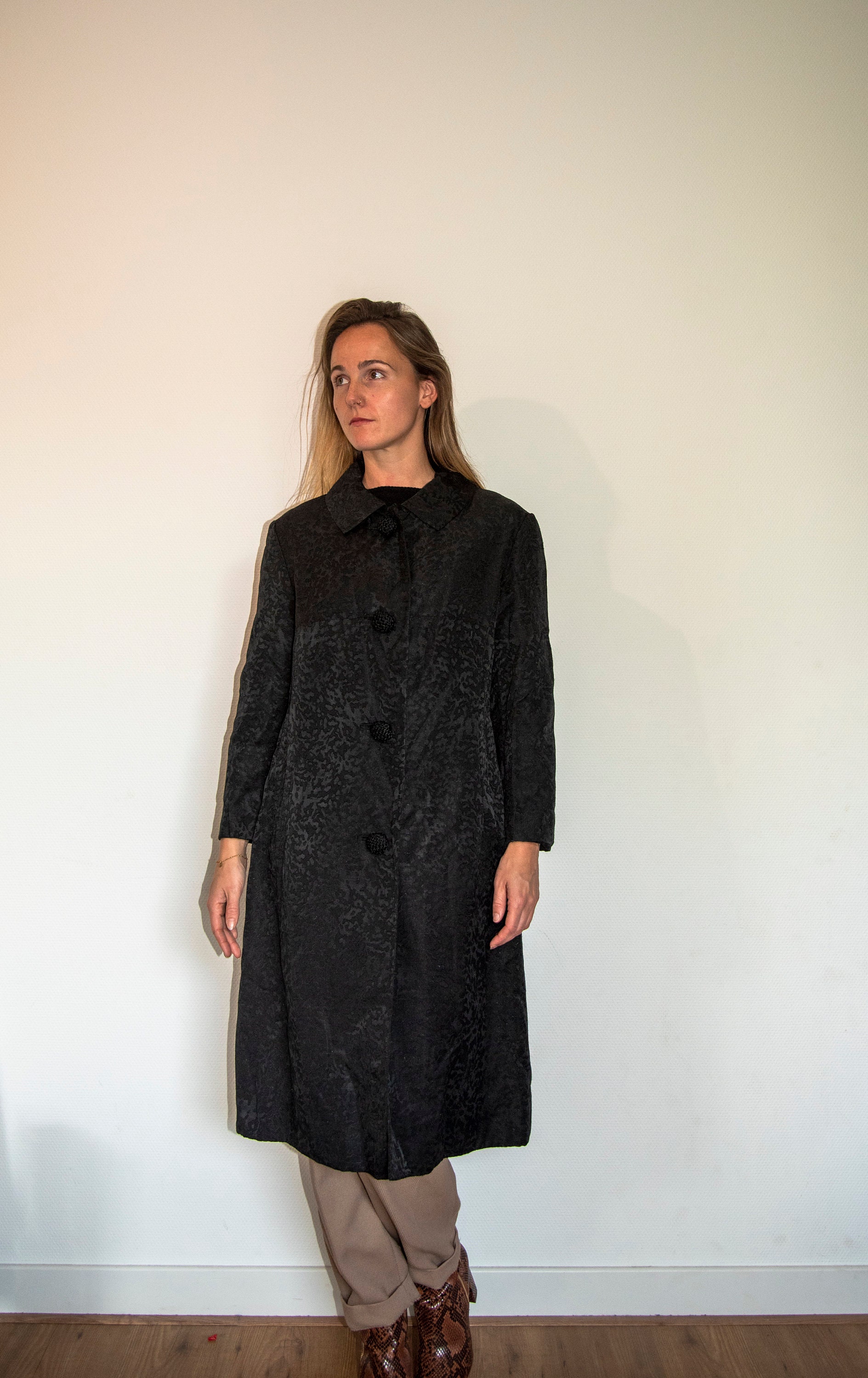 Vintage 1950s Black Print Long Coat With Silver Thread - Floral Button ...
