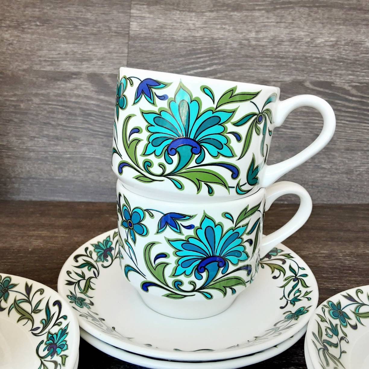 Vintage Midwinter Spanish Garden Cups And Saucers Retro Blue | Etsy
