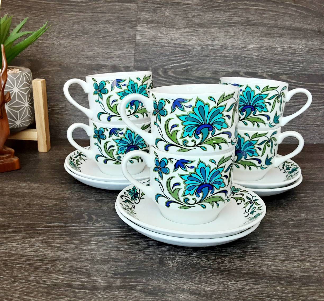 Vintage Midwinter Spanish Garden Cups and Saucers, Retro Blue and White ...